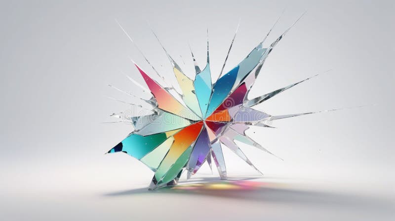 Colorful Glass Shard Starburst on White Background with Light Refraction and Shadow Casting ...