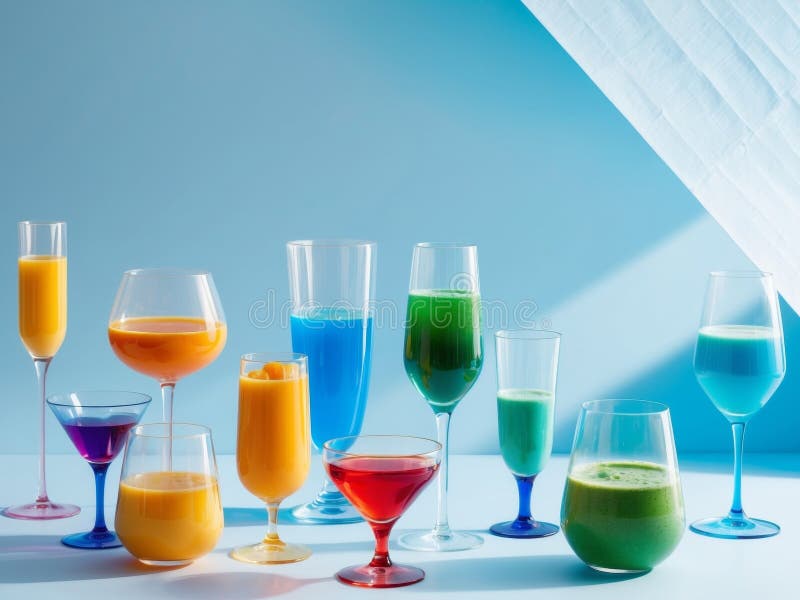 Colorful Glasses Filled with Different Liquid Drinks on Blue Background ...