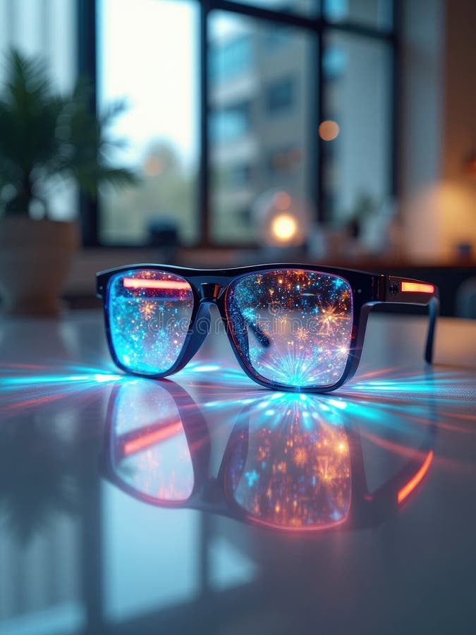 Colorful Glasses Reflecting Light Patterns, Placed on a Modern Table in ...