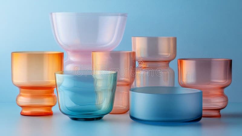 Colorful Glassware Collection Displayed on Blue Background Stock ...