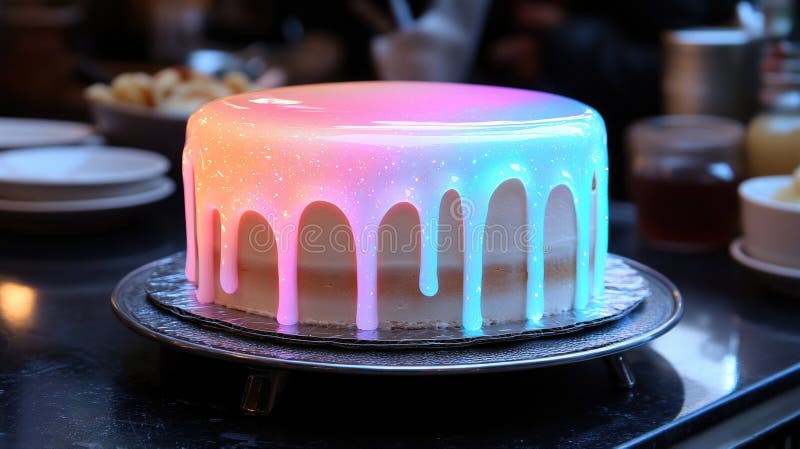 Colorful Glazed Cake with Neon Dripping Icing on Modern Kitchen Counter ...