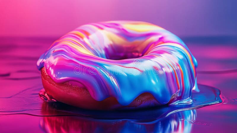 Colorful Glazed Donut with Dripping Icing on Reflective Surface Stock ...