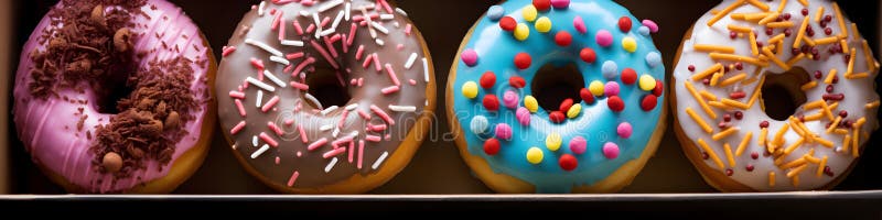 Colorful Glazed Donuts with Sprinkles in Cardboard Box Arranged in Row ...