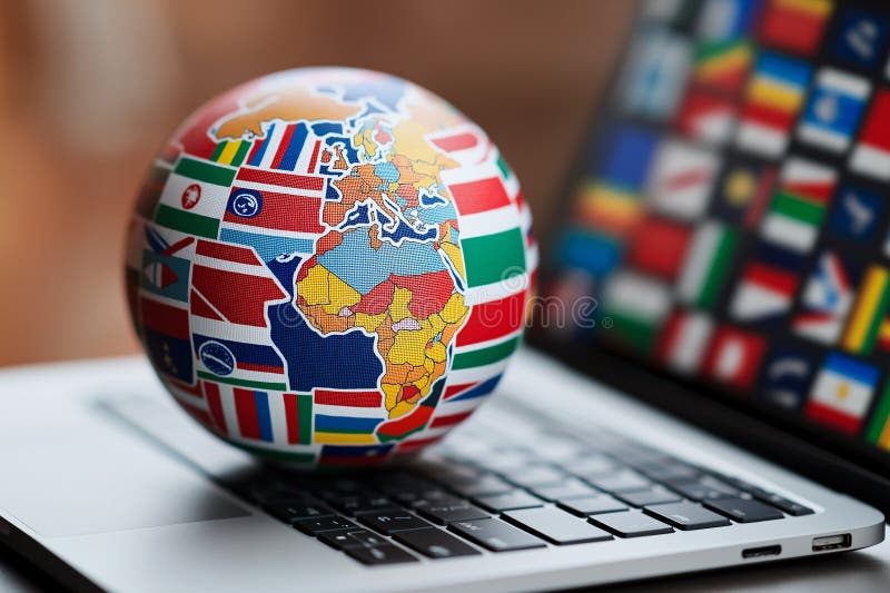 Colorful Globe Featuring Flags from Various Countries Rests on Laptop ...