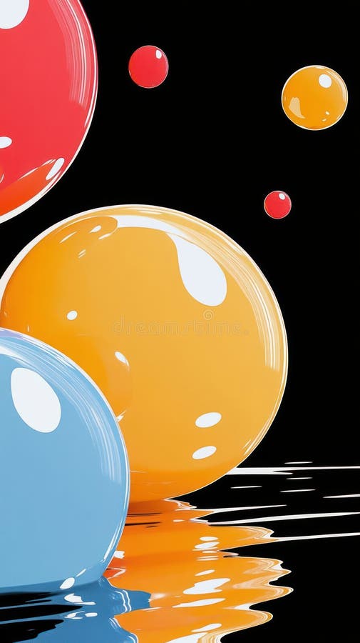 Colorful Glossy Spheres Reflecting on a Dark Surface, Creating a ...