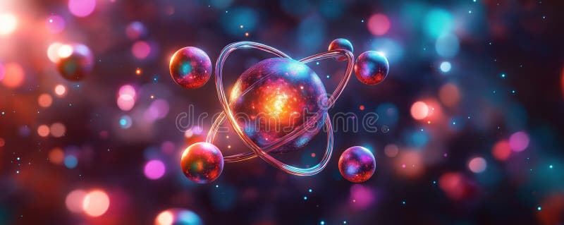 Colorful Glowing Abstract Atom Macro. Multicolored Spheres Orbit in ...