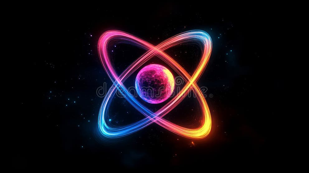 Colorful Glowing Atom with Orbits on a Dark Background. Stock Photo ...