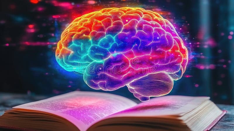 Colorful Glowing Brain Over Open Book Depicting Knowledge and ...