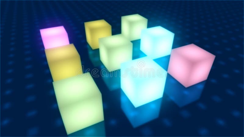 Colorful Glowing Cube Box with Reflection of Shadows on Ground Surface ...