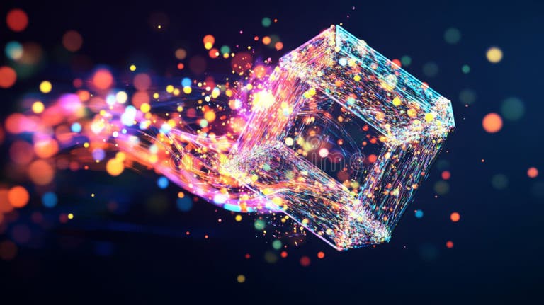 Colorful Glowing Cube with Particle Trails Stock Illustration ...