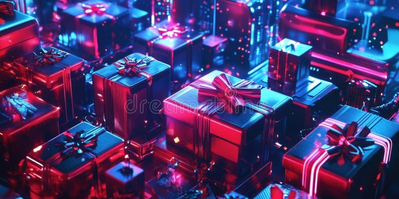 Colorful Glowing Gift Boxes with Ribbons in a Festive Digital ...