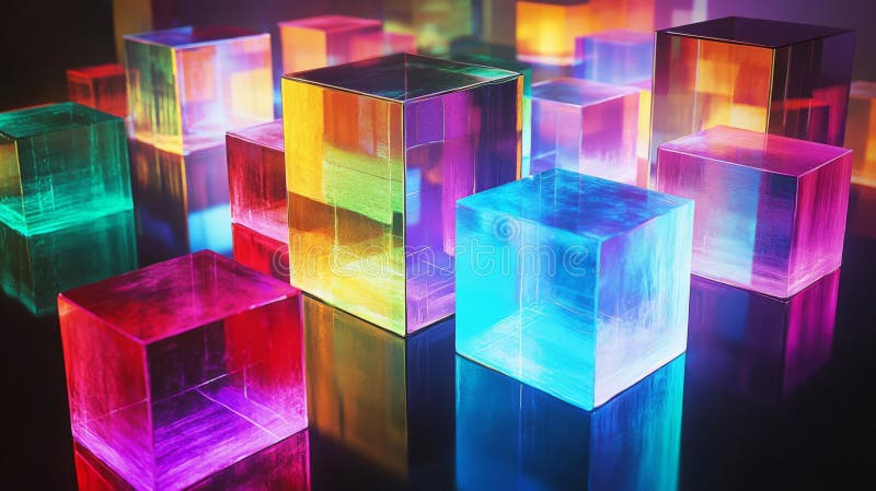 Colorful Glowing Glass Cubes on Reflective Surface Stock Illustration ...