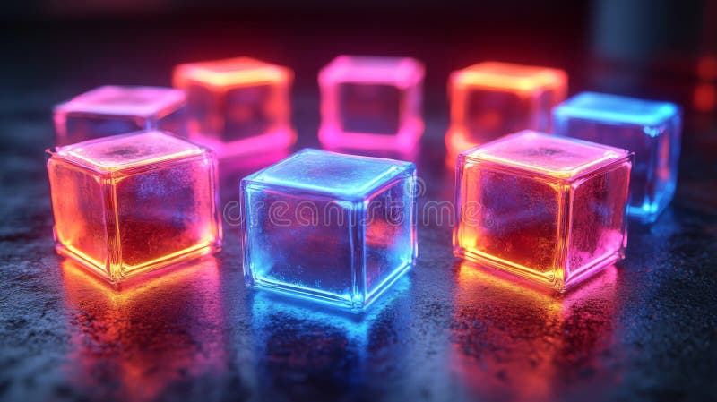 Colorful Glowing Ice Cubes Illuminated on a Dark Surface Create a ...