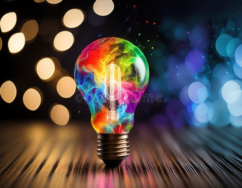 A Colorful Glowing Idea Bulb Lamp, Visualization of Brainstorming ...
