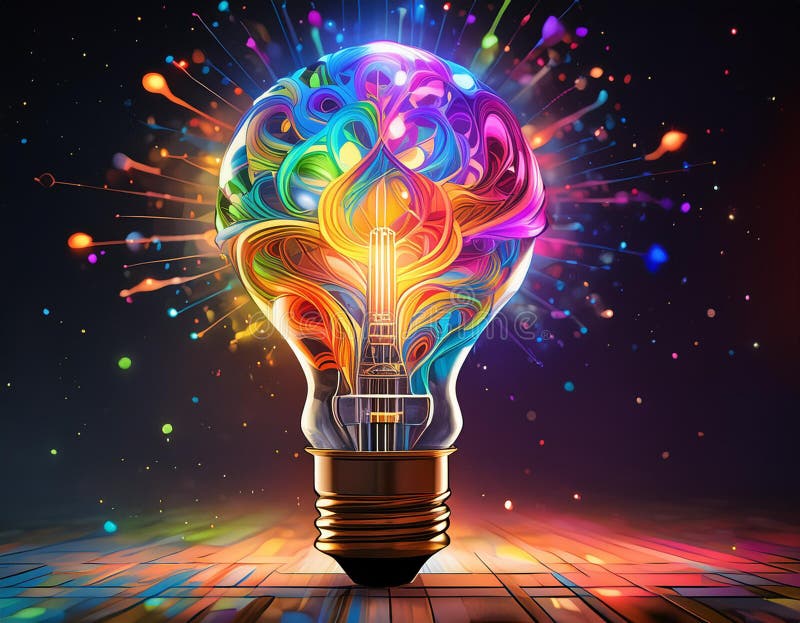 A Colorful Glowing Idea Bulb Lamp, Visualization of Brainstorming ...