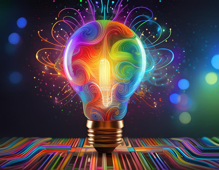A Colorful Glowing Idea Bulb Lamp, Visualization of Brainstorming ...