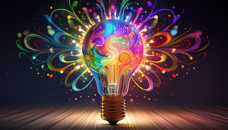 A Colorful Glowing Idea Bulb Lamp, Visualization of Brainstorming ...