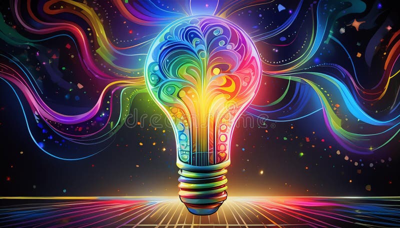 A Colorful Glowing Idea Bulb Lamp, Visualization of Brainstorming ...