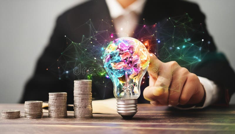 A Colorful Glowing Idea Bulb Lamp, Visualization of Brainstorming ...