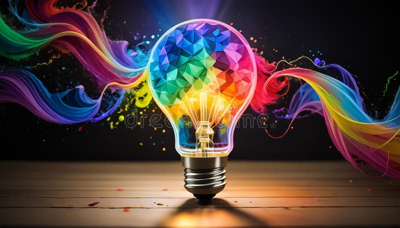 A Colorful Glowing Idea Bulb Lamp, Visualization of Brainstorming ...