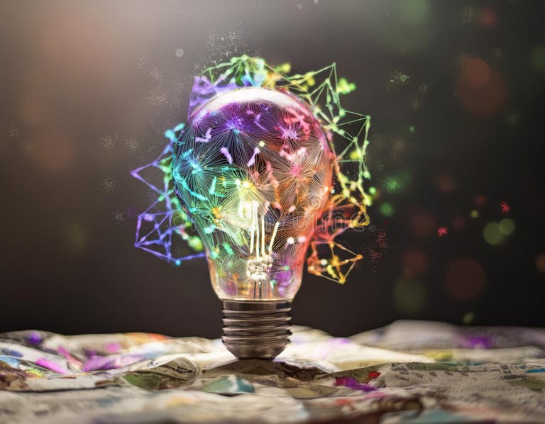 A Colorful Glowing Idea Bulb Lamp, Visualization of Brainstorming ...