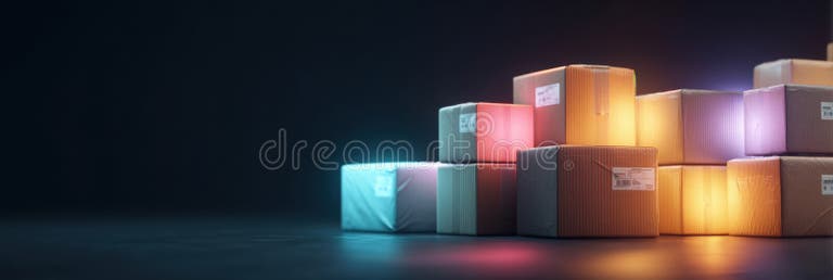 Colorful Glowing Labels on a Stack of Packages Create a Striking Visual ...