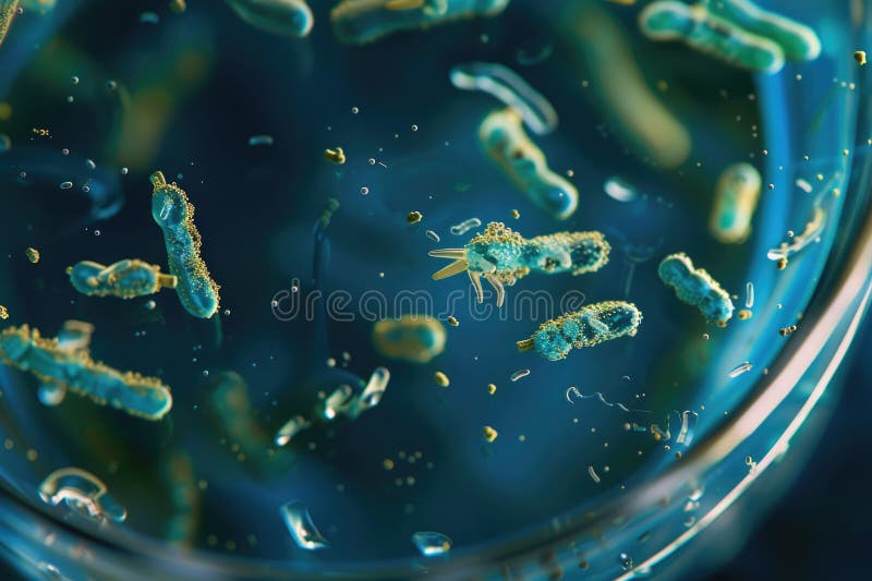 Colorful and Glowing Microscopic Organisms Floating in a Dark, Detailed ...