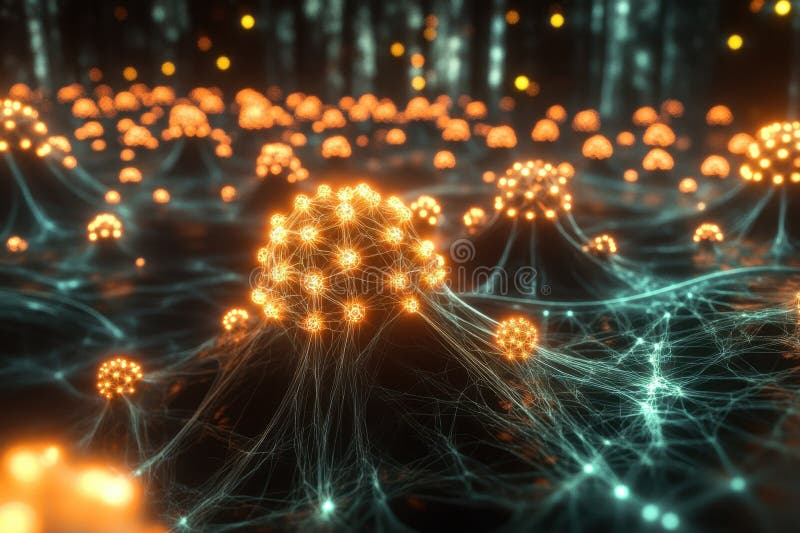 Colorful Glowing Networks of Interconnected Nodes in a Dark, Abstract ...