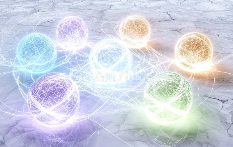 Colorful Glowing Orbs with Energy Patterns on Cracked Surface in a ...