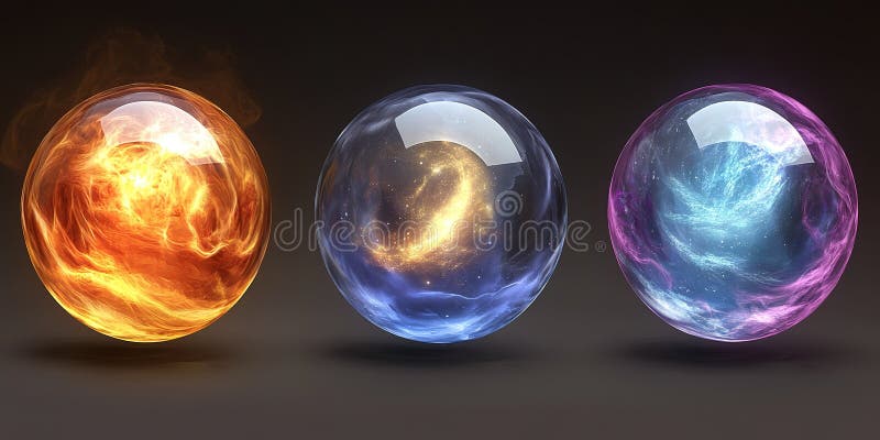 Colorful Glowing Orbs Representing Fire, Water, and Air Elements in a ...