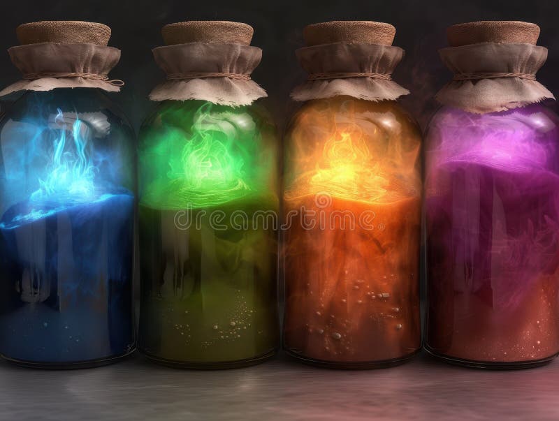 Colorful Glowing Potion Jars Stock Illustration - Illustration of still ...