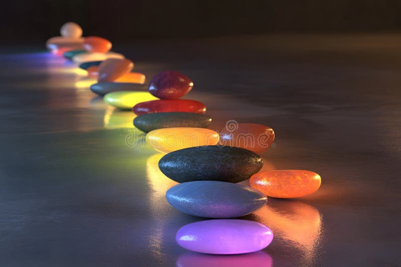 Colorful Glowing Stones Aligned on Reflective Surface Stock Photo ...