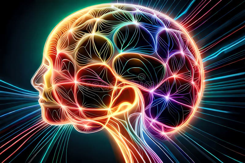 Colorful Glowing Wireframe Human Brain, White Wired Brain with Various ...