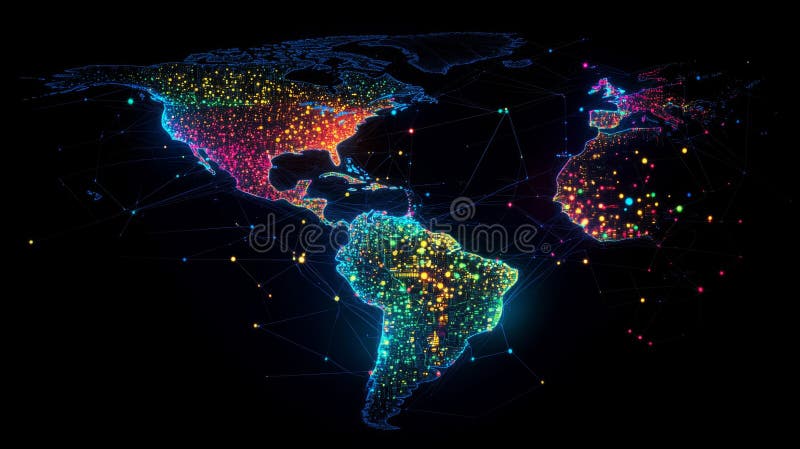 Colorful Glowing World Map Network Abstract Digital Visualization Stock Illustration ...