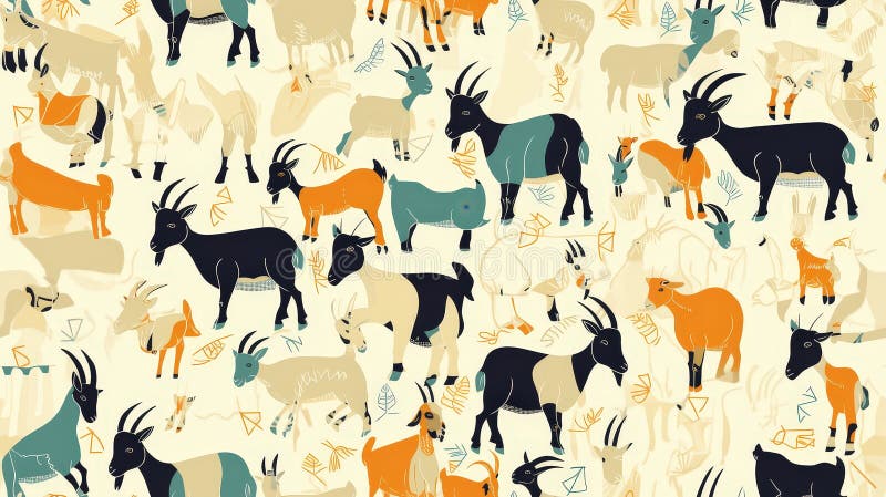 Colorful Goat Pattern Design with Various Goat Illustrations Stock ...