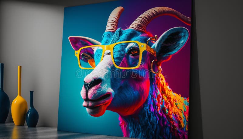 Colorful Goat with Headphones on and Microphone in His Earphones ...