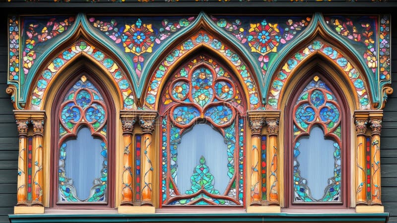Colorful Gothic Style Triple Window Architectural Detail Stock ...