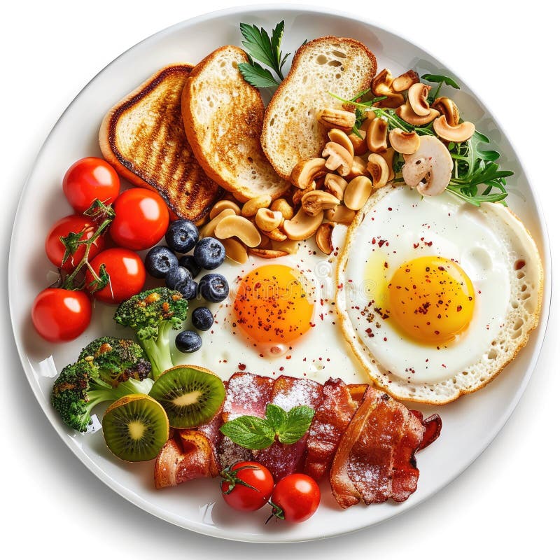 Colorful Gourmet Breakfast Plate with Eggs, Bacon, and Vegetables. Top ...