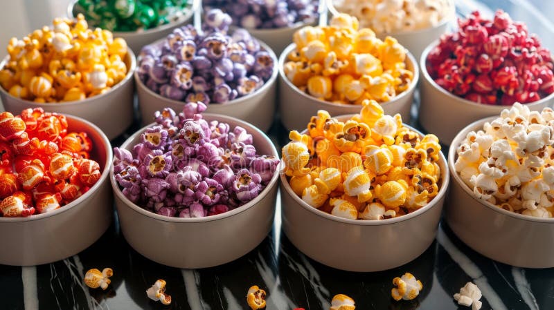 Colorful Gourmet Popcorn Assortment on Display Stock Photo - Image of ...