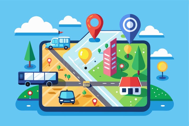 A Colorful GPS Navigator Features Routes, Landmarks, Trees, and ...