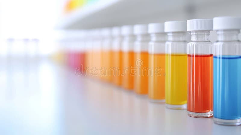 Colorful Gradient of Vibrant Liquid Samples in Small Glass Vials Neatly ...