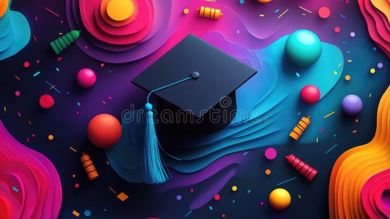 Colorful Graduation Cap on Abstract Background with 3d Elements Stock ...
