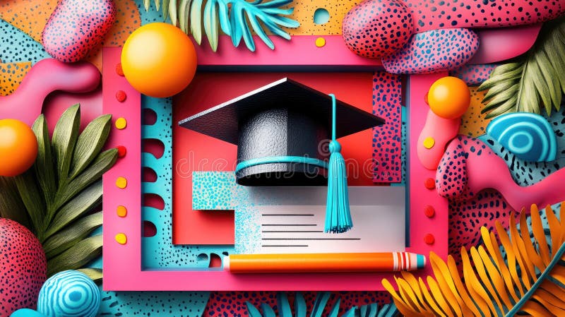 Colorful Graduation Cap Art with Tropical Elements and Bold Shapes ...