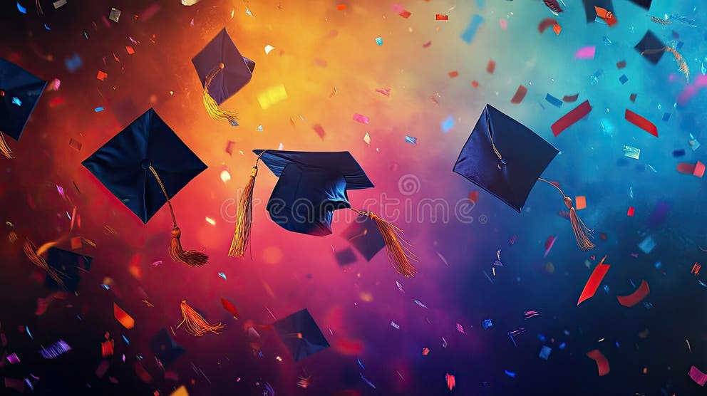Colorful Graduation Caps and Confetti Celebration Stock Illustration ...