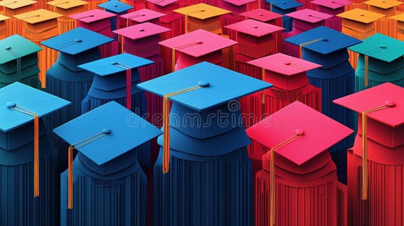 Colorful Graduation Caps in a Vibrant Ceremony Setting with Radiant ...