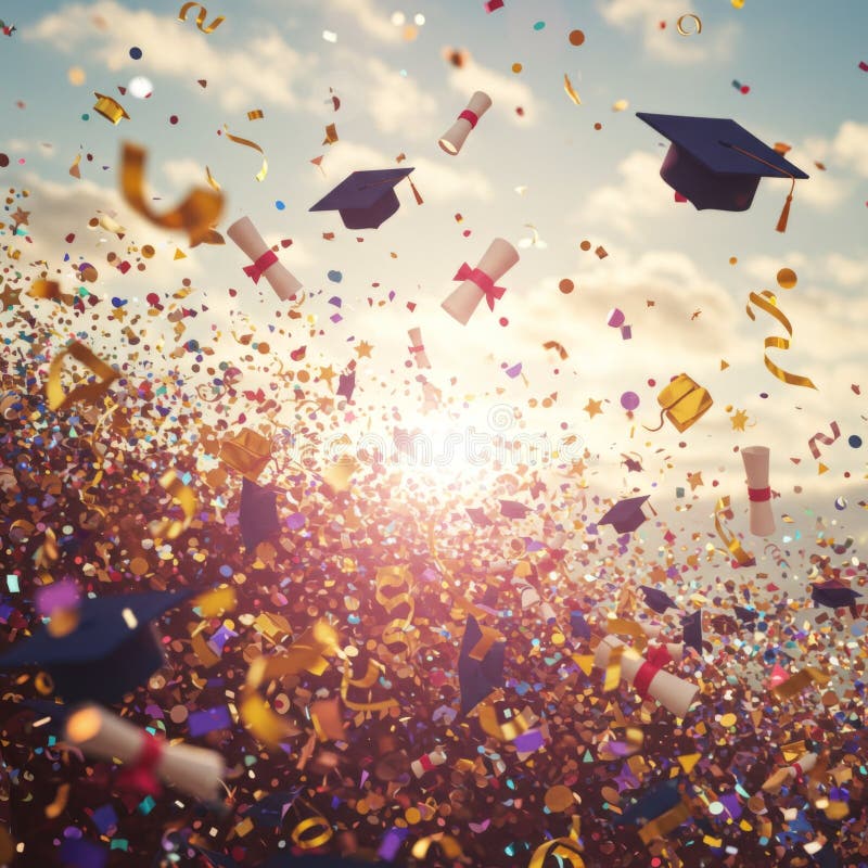 Colorful Graduation Celebration with Confetti and Caps Stock ...