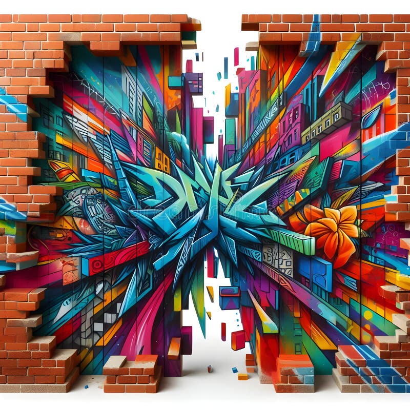 Colorful Graffiti Exploding from Brick Wall Revealing White Background ...