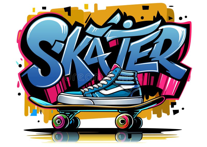 Colorful Graffiti Inscription with Skater and Decoration Stock Vector ...