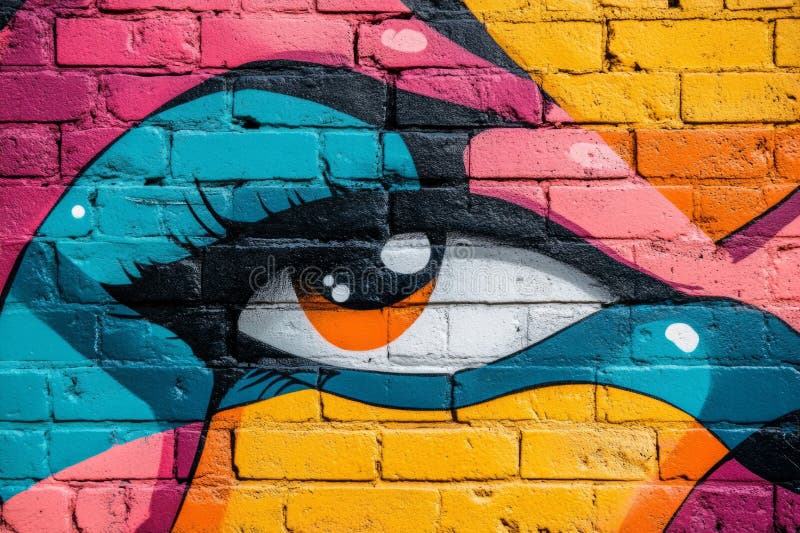 Colorful Graffiti Mural Depicting a Stylized Eye on a Brick Wall ...