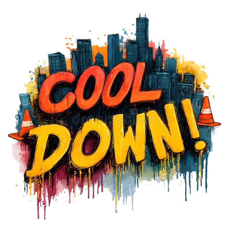 Cool Down Text with Cityscape and Traffic Cones in Graffiti Style with ...